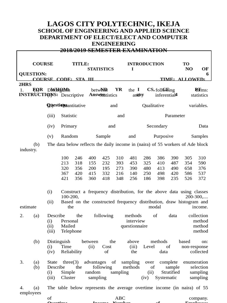 Introduction To Statistics 1 Sta 111 Nd Yr 1 Pdf Sampling