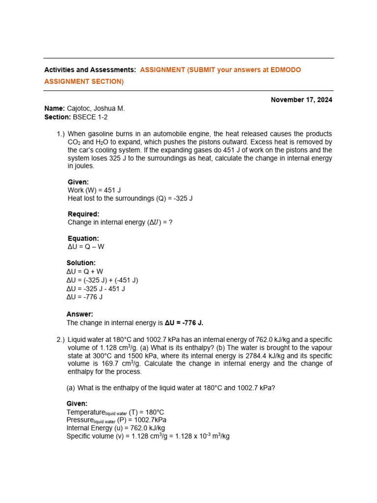 Assessments Lesson 4 Unit 1 The First Law of Thermodynamics | PDF ...