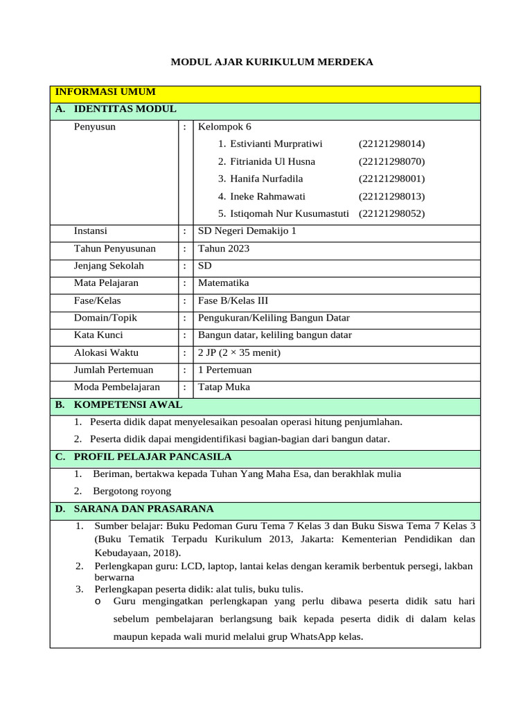 Modul Ajar TaRL - Kelompok 6 Rev | PDF | Metode & Bahan Ajar | Seni