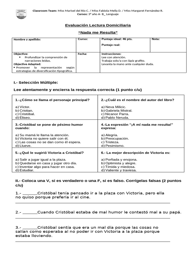 Prueba Del Libro Nada Me Resulta | PDF