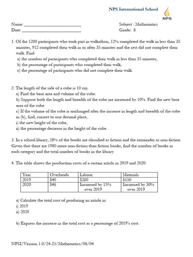 Grade 8 - Fractions, Decimals and Percentages | PDF | Percentage | Prices