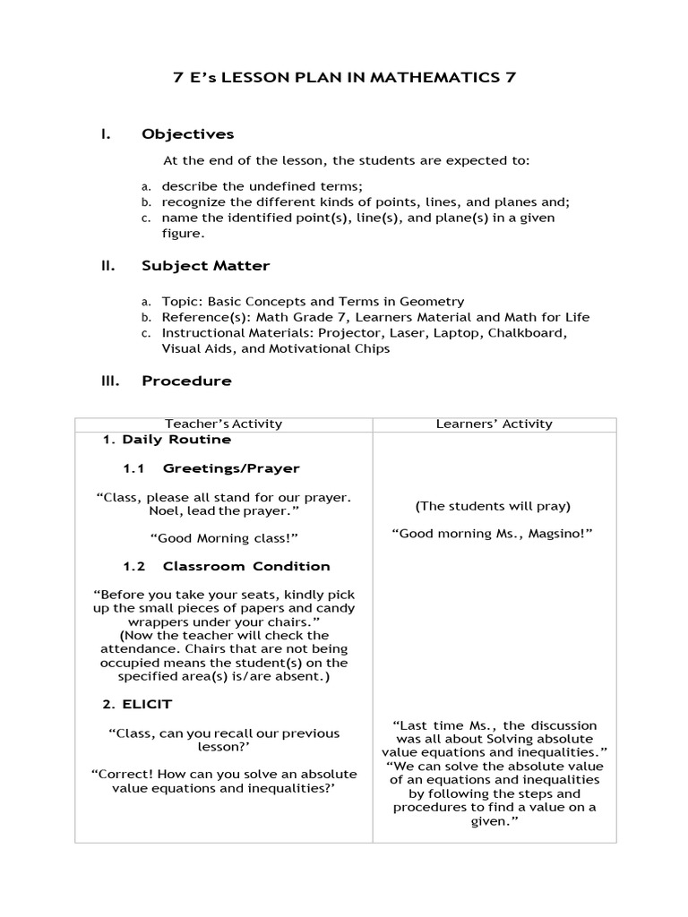 7 Es Lesson Plan in Math | PDF | Mathematics | Lesson Plan