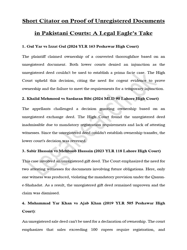 Short Citator On Proof of Unregistered Documents in Pakistani Courts A ...