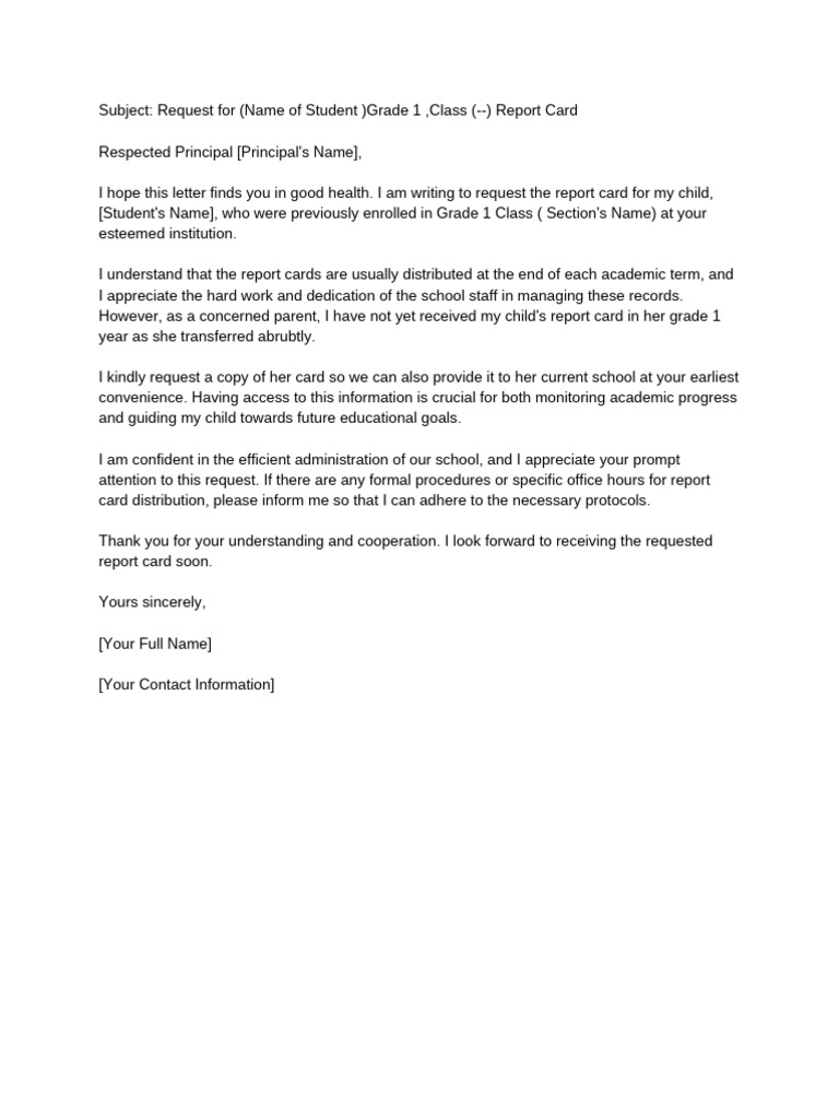 Subject - Request For (Name of Student) Grade 1, Class (-) Report Card ...