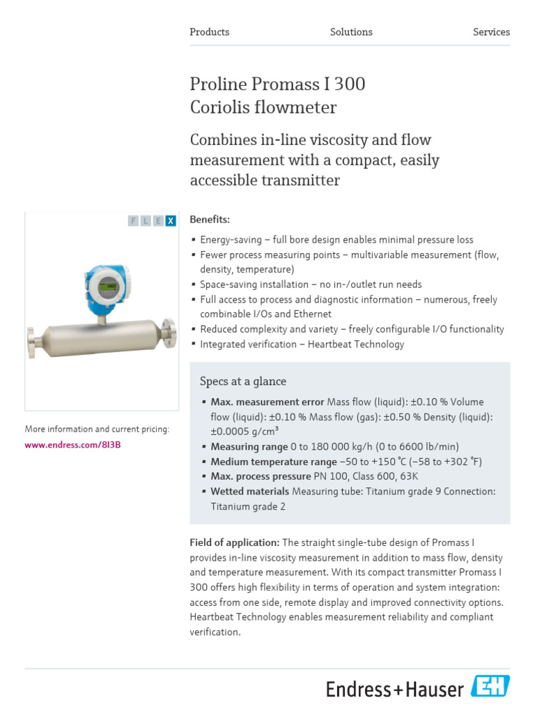 Proline Promass I 300 Coriolis Flowmeter | PDF | Density | Flow Measurement