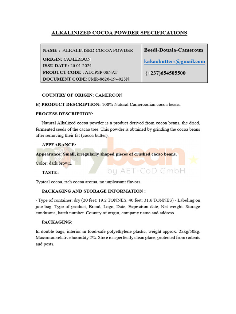 Alkalinized Cocoa Powder Specs | PDF | Chocolate | Cocoa Bean