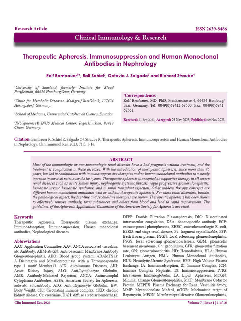 Therapeutic Apheresis Immunosuppression and Human Monoclonal Antibodies ...
