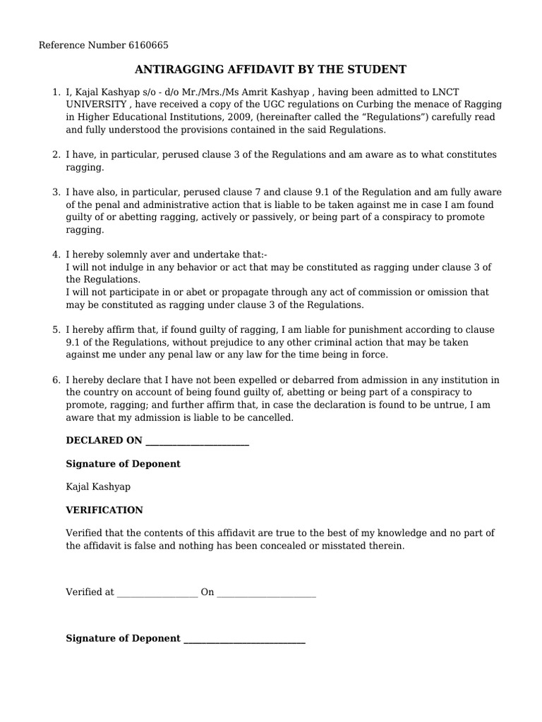Anti Ragging Affidavit Form | PDF | Affidavit | Justice