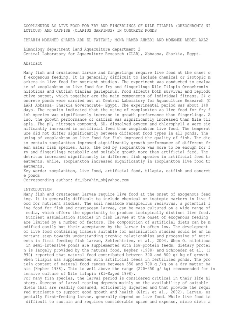 Zooplankton As Live Food For Fry and Fingerlings of Nile | Download ...