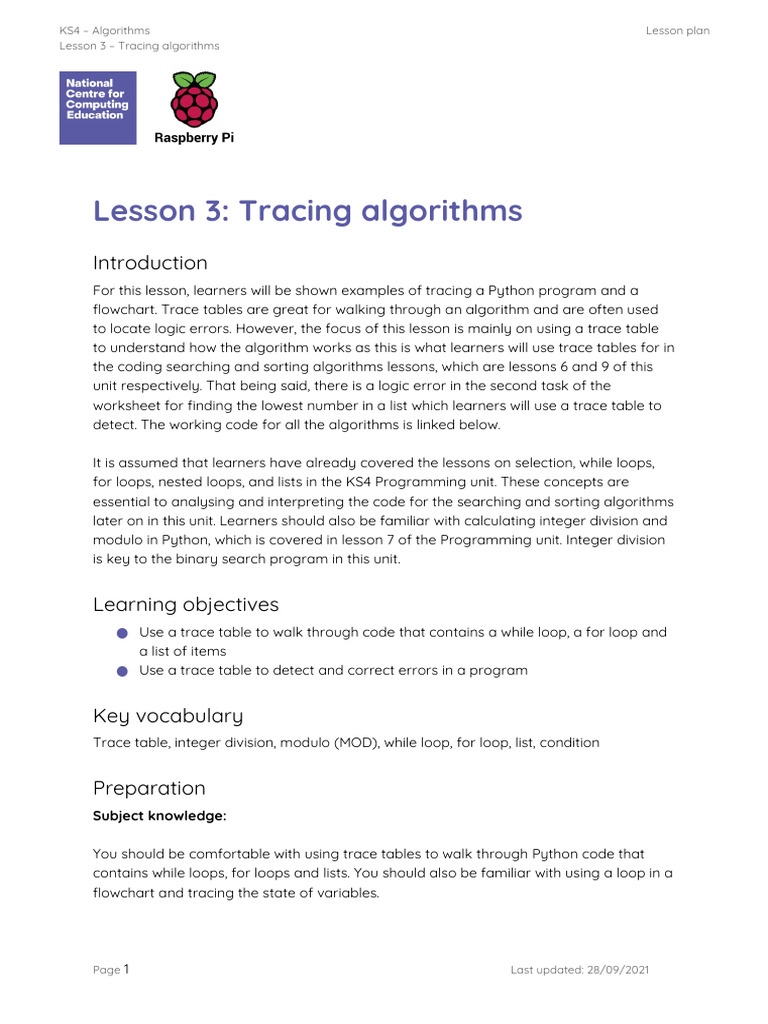 L3 Lesson Plan - Algorithms - KS4 | PDF | Algorithms | Control Flow