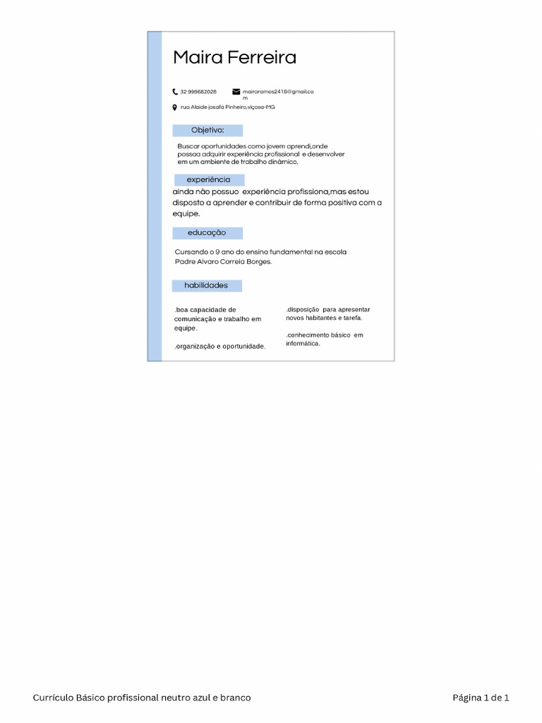 Currículo Básico Profissional Neutro Azul e Branco PDF | PDF