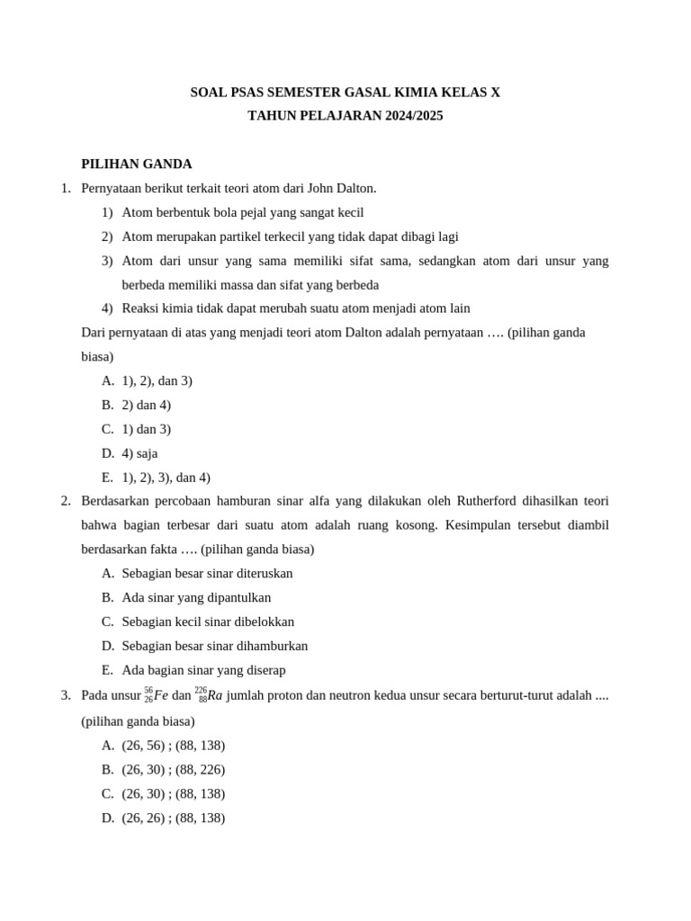 Latihan Soal Kimia Xe Gasal 2425 | PDF