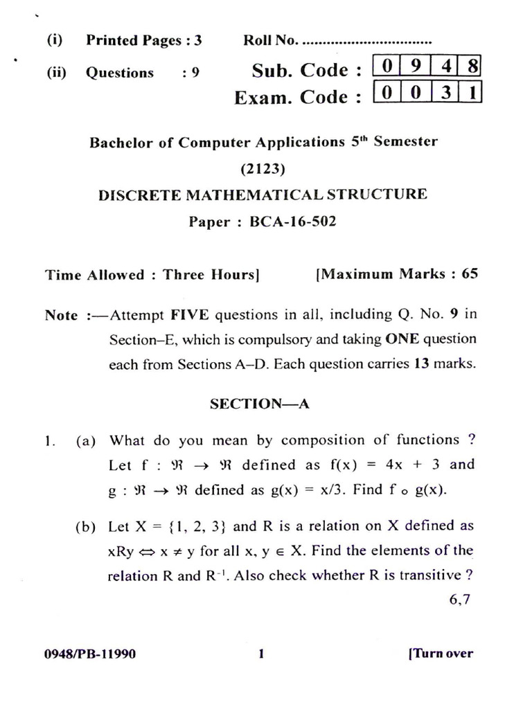 BCA - 5th Sem - BCA - 16 - 502 - Discrete Mathematical Structure - December 2023 | PDF