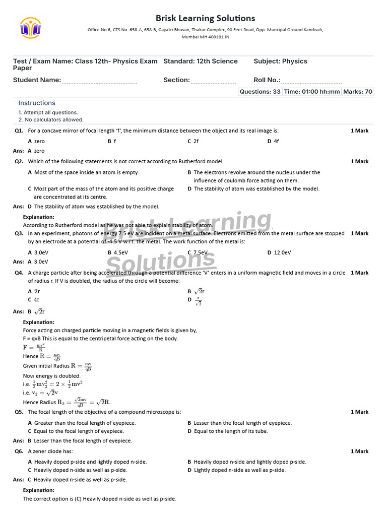 Physics Exam Answers and Explanations | PDF | Rectifier | Photoelectric ...