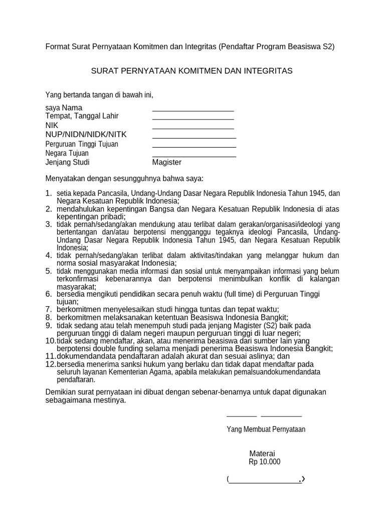 01 Format Surat Pernyataan Komitmen Dan Integritas (Pendaftar Program ...