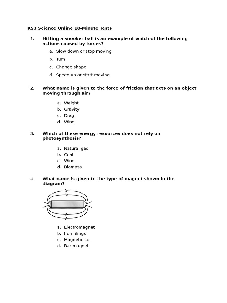 Physics - 10 Minuits Test | PDF | Force | Potential Energy
