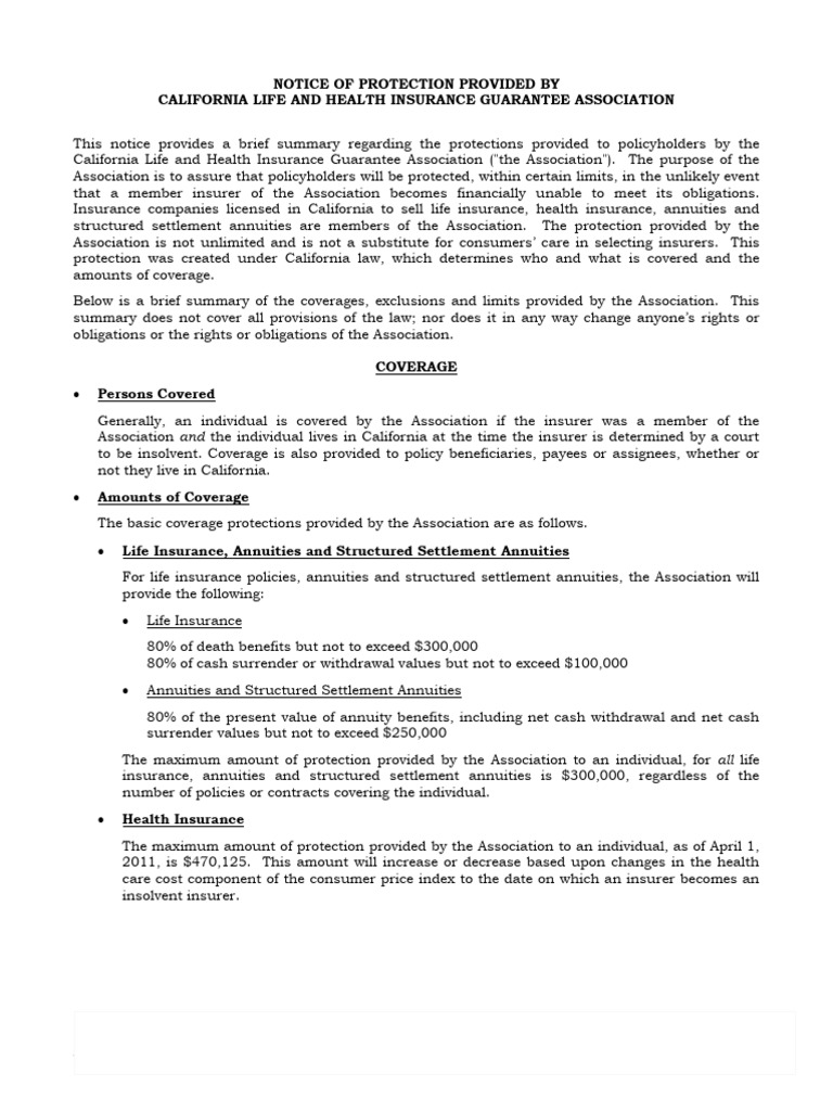 Notice of Protection Provided by California Life and Health Insurance ...