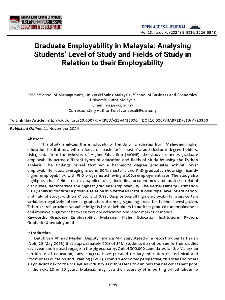 Graduate Employability in Malaysia Analysing Students Level of Study and Fields of Study in ...