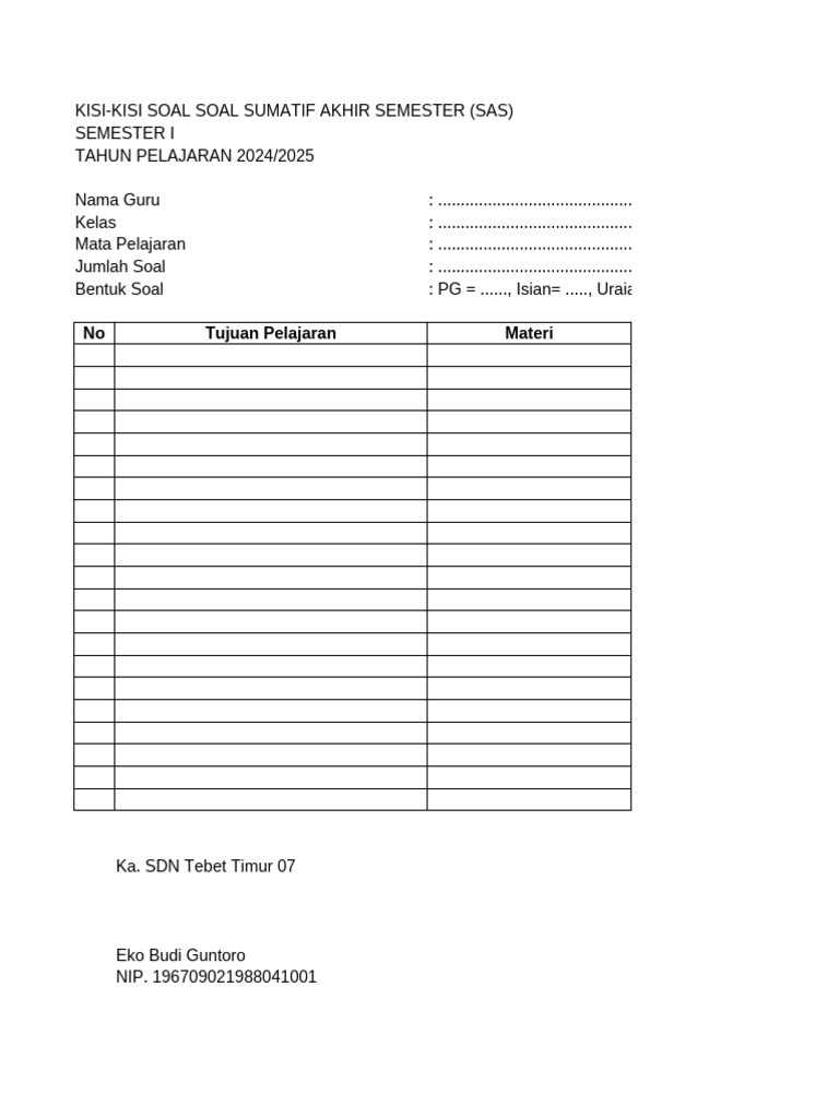 Format Kisi-Kisi Sas Semester 1 2024 | PDF