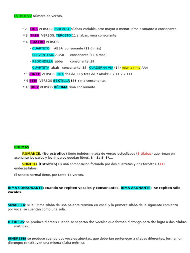 Tipos de rima y estructuras poéticas | PDF | Metro (poesía) | Fonología