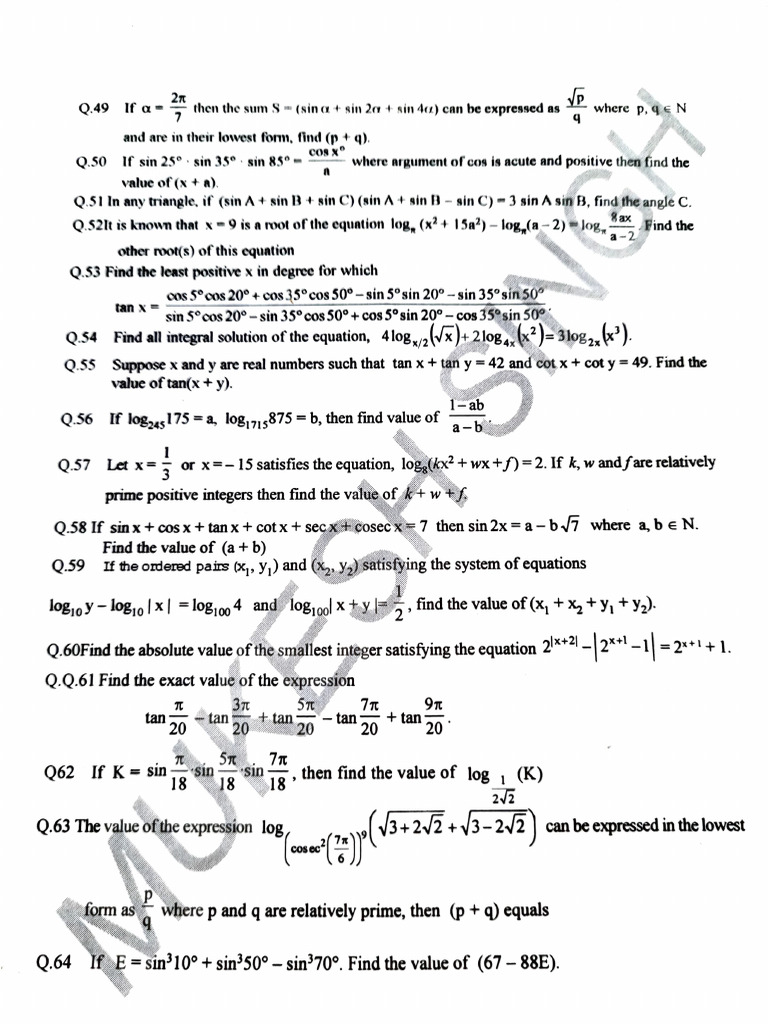 Advanced Trigonometric and Logarithmic Problems | PDF | Circle | Polynomial