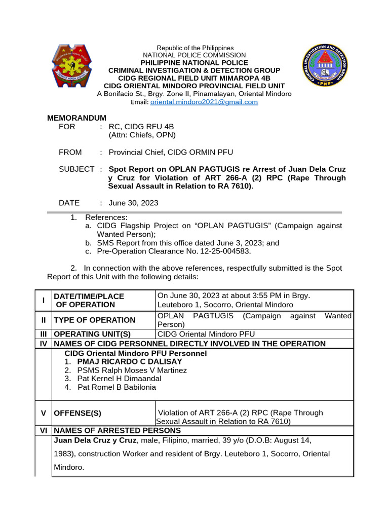 Spot Report | PDF | Arrest | Public Law