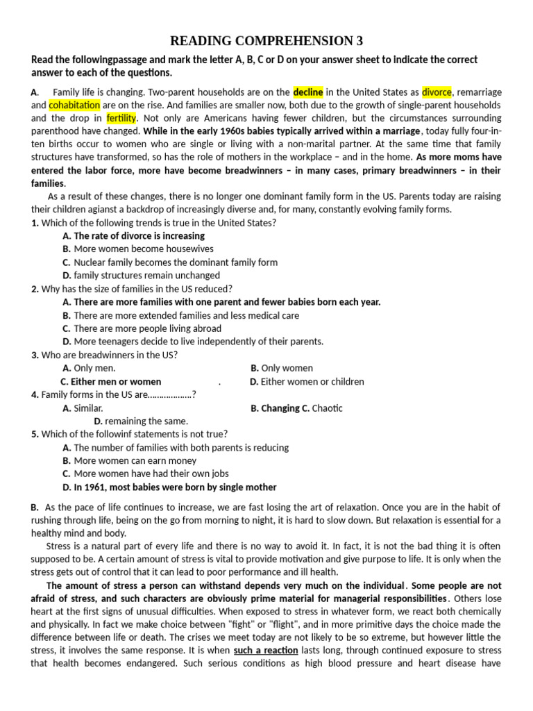 READING COMPREHENSION 3 | PDF | Family | Stress (Biology)