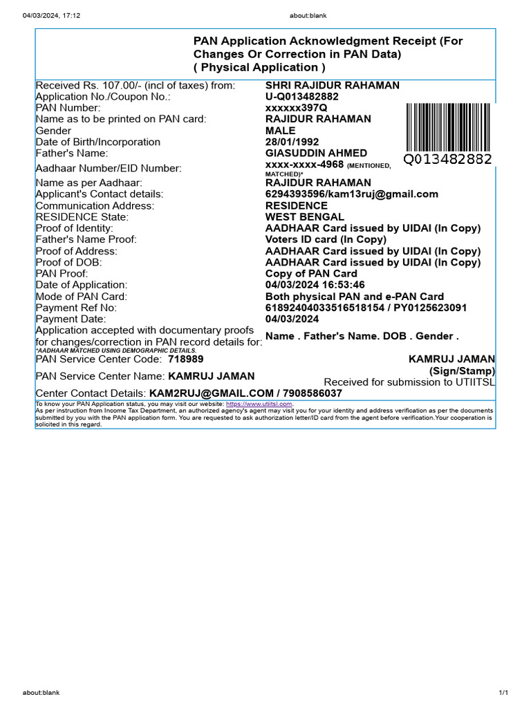 PAN Application Acknowledgment Receipt | PDF | Applications Of ...
