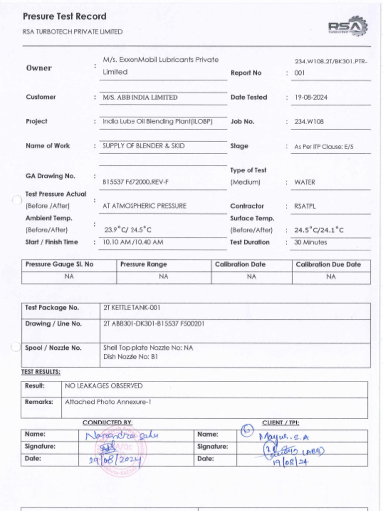 2t-Vessel Water Fill Test, Nozzle WV and DPT Report | PDF