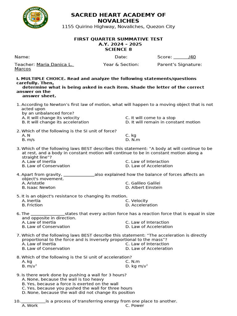 Q1 - ST - Science8 (Revised) | PDF | Force | Newton's Laws Of Motion