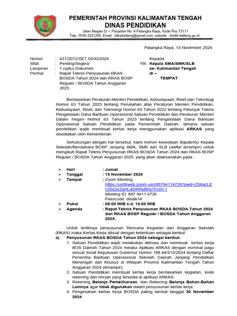 Undangan Rapat Teknis Penyusunan Rkas Bosda 2024 Dan Rkas Bosp Reguler 2025 TTD | PDF