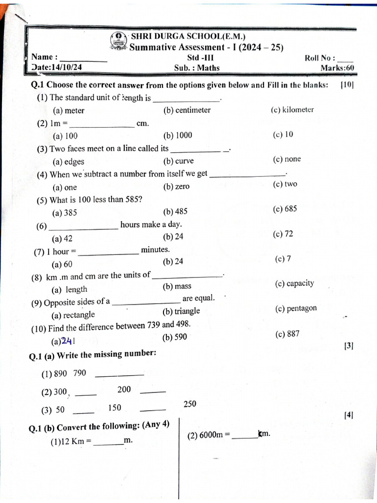STD III Math's (QP) | PDF