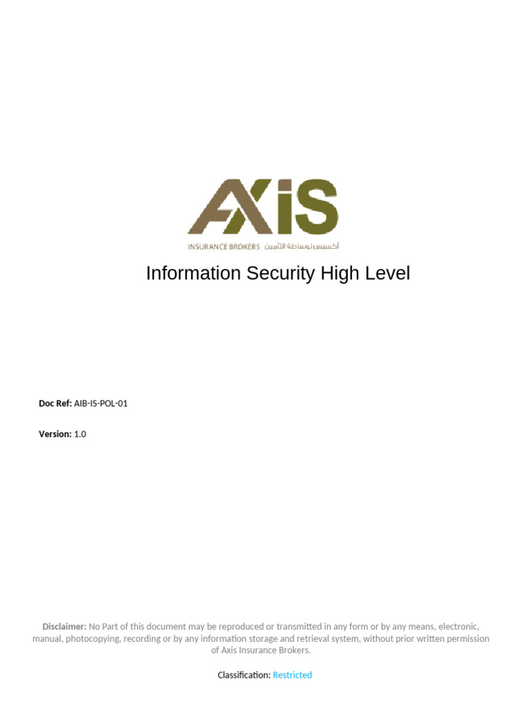 ISMS - 001 Information Security High Level Policy - v1.0 | PDF | Information Security | Computer ...