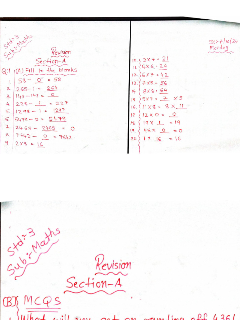 STD 3 Maths Revision Section A | PDF