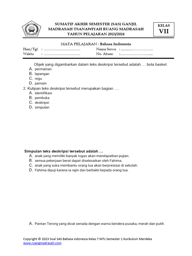 Soal SAS Indo SMT 1 Kls 7 | PDF | Karier & Perkembangan | Seni & Disiplin Bahasa