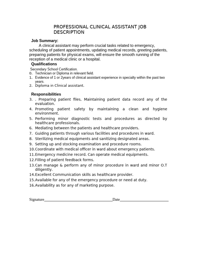 Professional Clinical Assistant Job Description | PDF