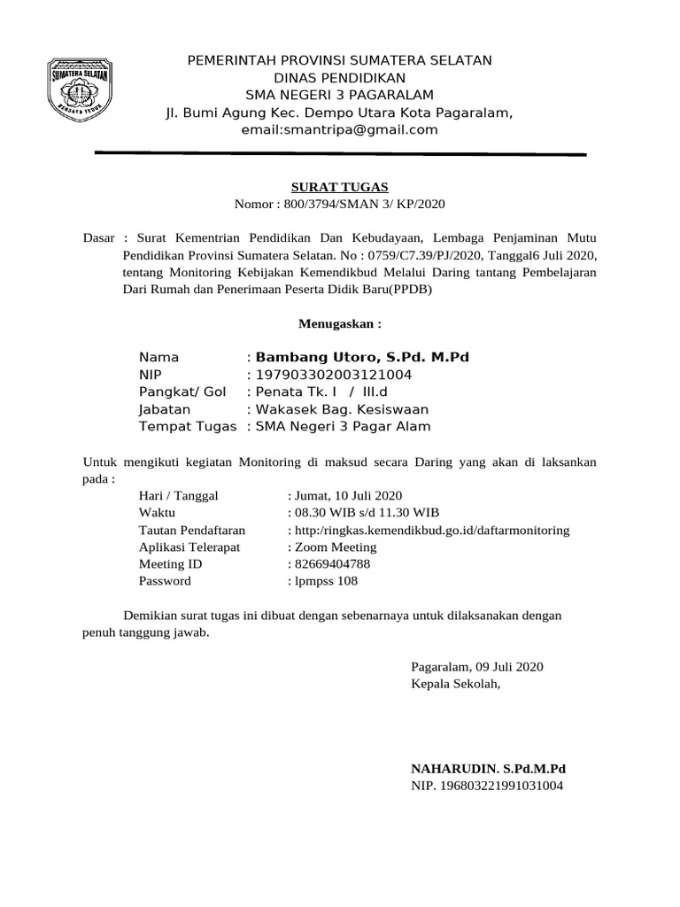 Surat Tugas Zoom Meeting | PDF