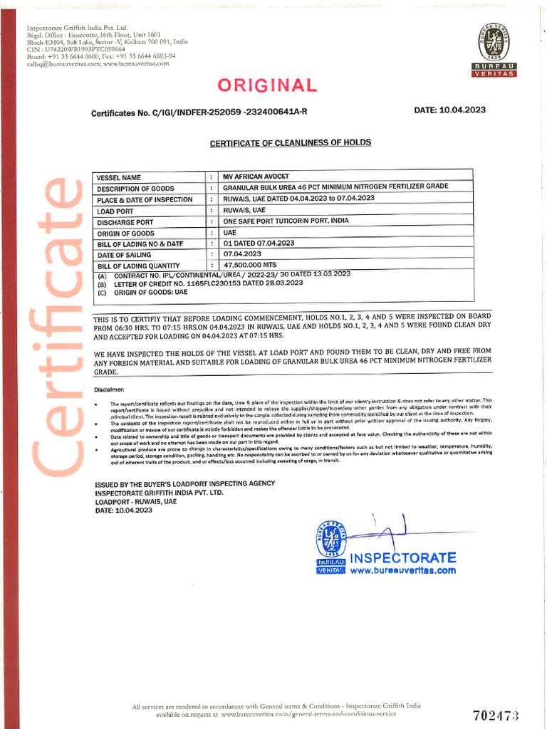 A. Hold Cleanliness Certificate | PDF