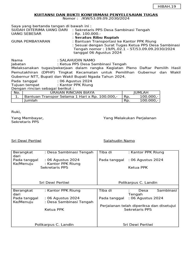 Kuitansi Pembayaran Transportasi PPS | PDF
