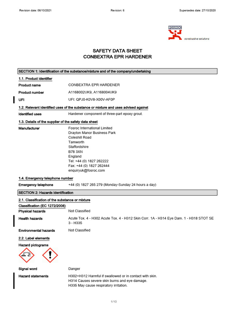 Conbextra EPR Hardener Safety Data Sheet | PDF | Personal Protective ...