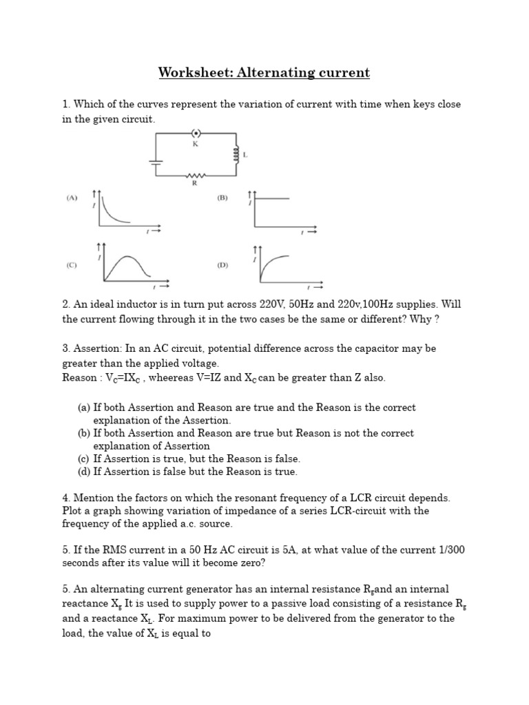 Worksheet - Alternating Current | PDF