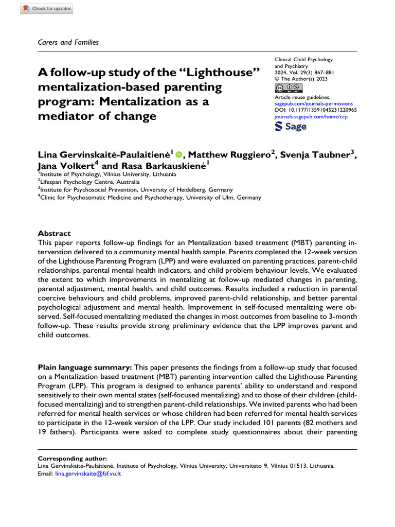 A follow-up study of the“Lighthouse” mentalization-based parenting ...