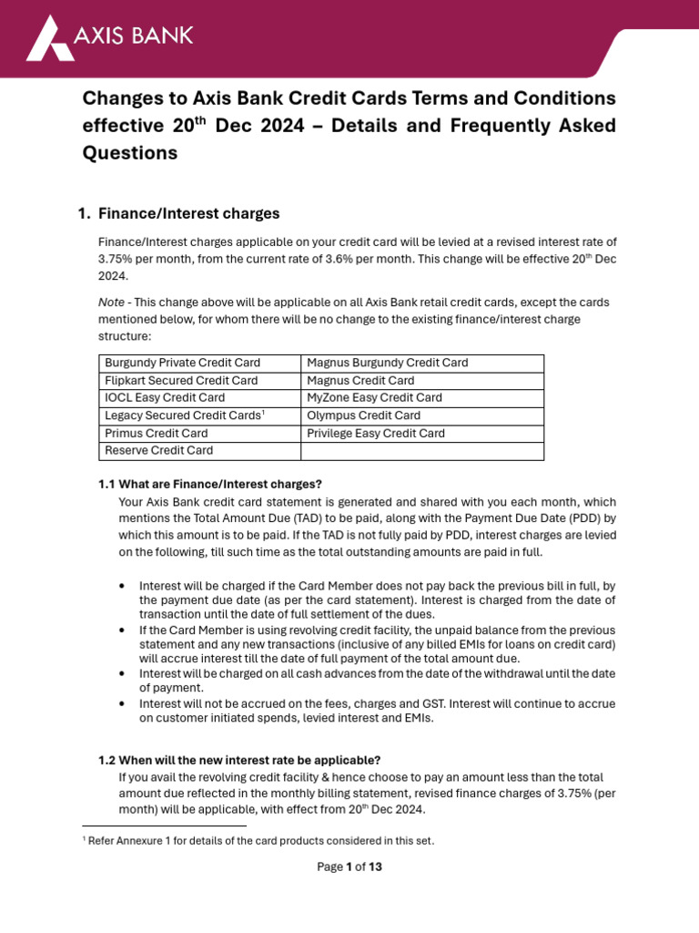 Axis Bank Credit Card Terms Update 2024 | PDF | Credit Card | Master Card
