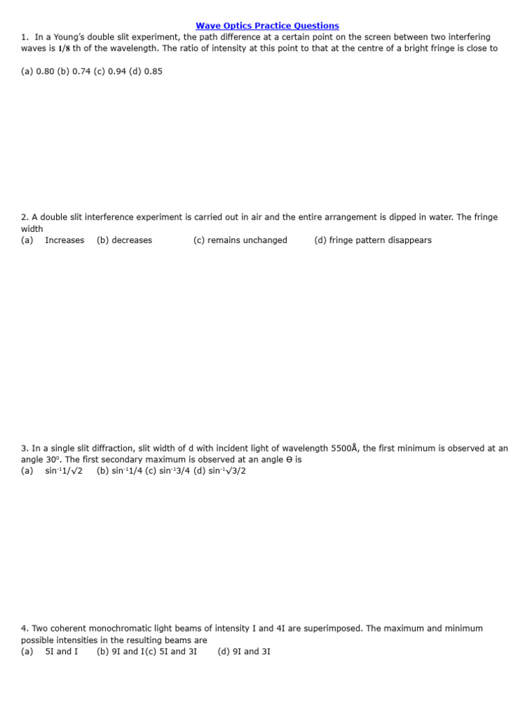 Wave Optics Practice Questions | PDF | Diffraction | Wavelength