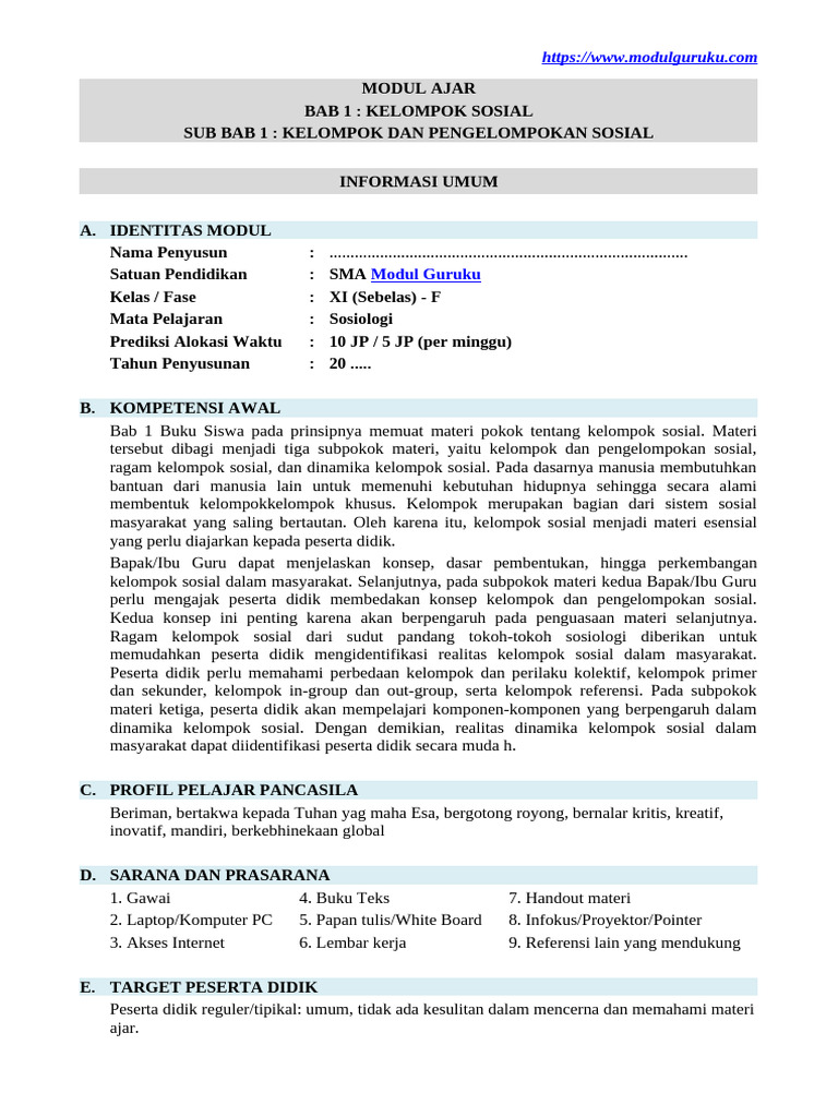 Modul Ajar Kelas XI SMA Sosiologi Fase F Bab 1 | PDF