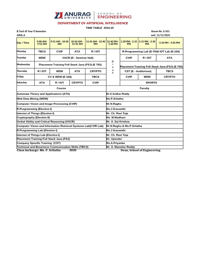 Ay 2024-2025 III - II Aiml - A Time Table | PDF | Information Science ...