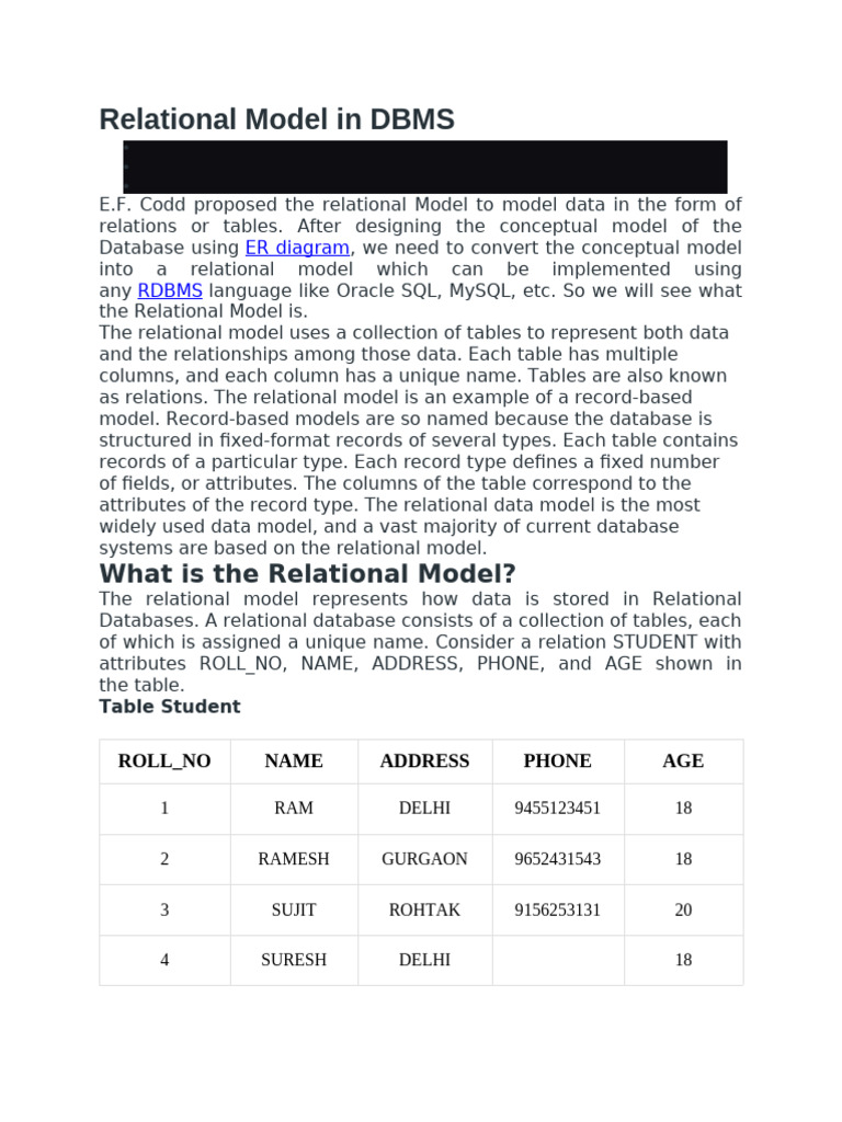 Relational Model in DBMS Explained | PDF | Relational Database | Relational Model