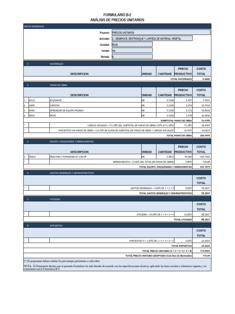 Formulario B-2 Apu Precios Unitarios | PDF | Economias | Comercio