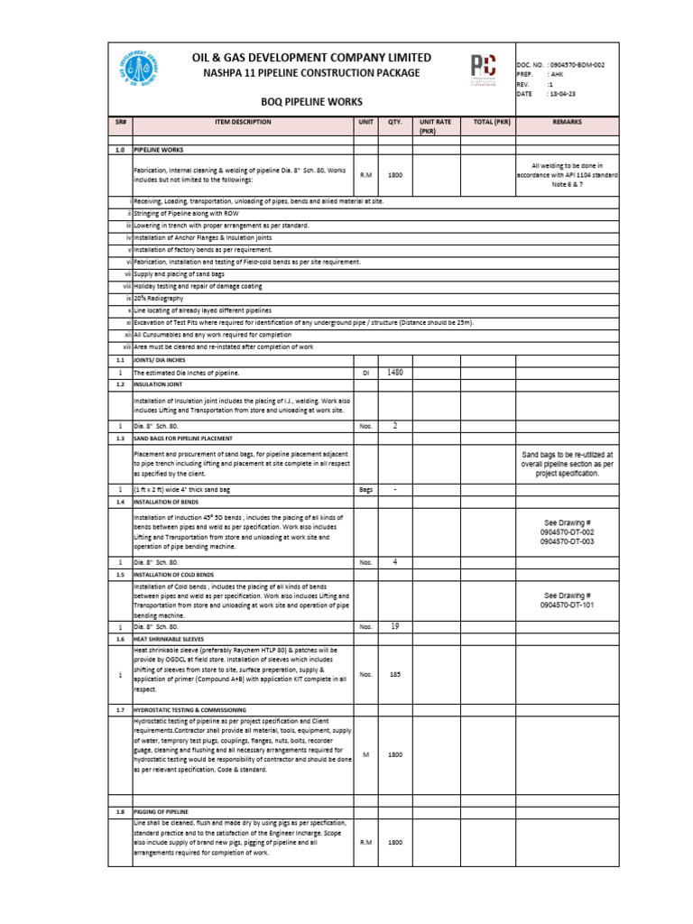 Pipeline Construction BOQ | PDF | Pipe (Fluid Conveyance) | Specification (Technical Standard)
