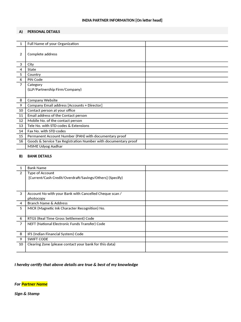 HC - Partner Registration Form | PDF | Finance & Money Management